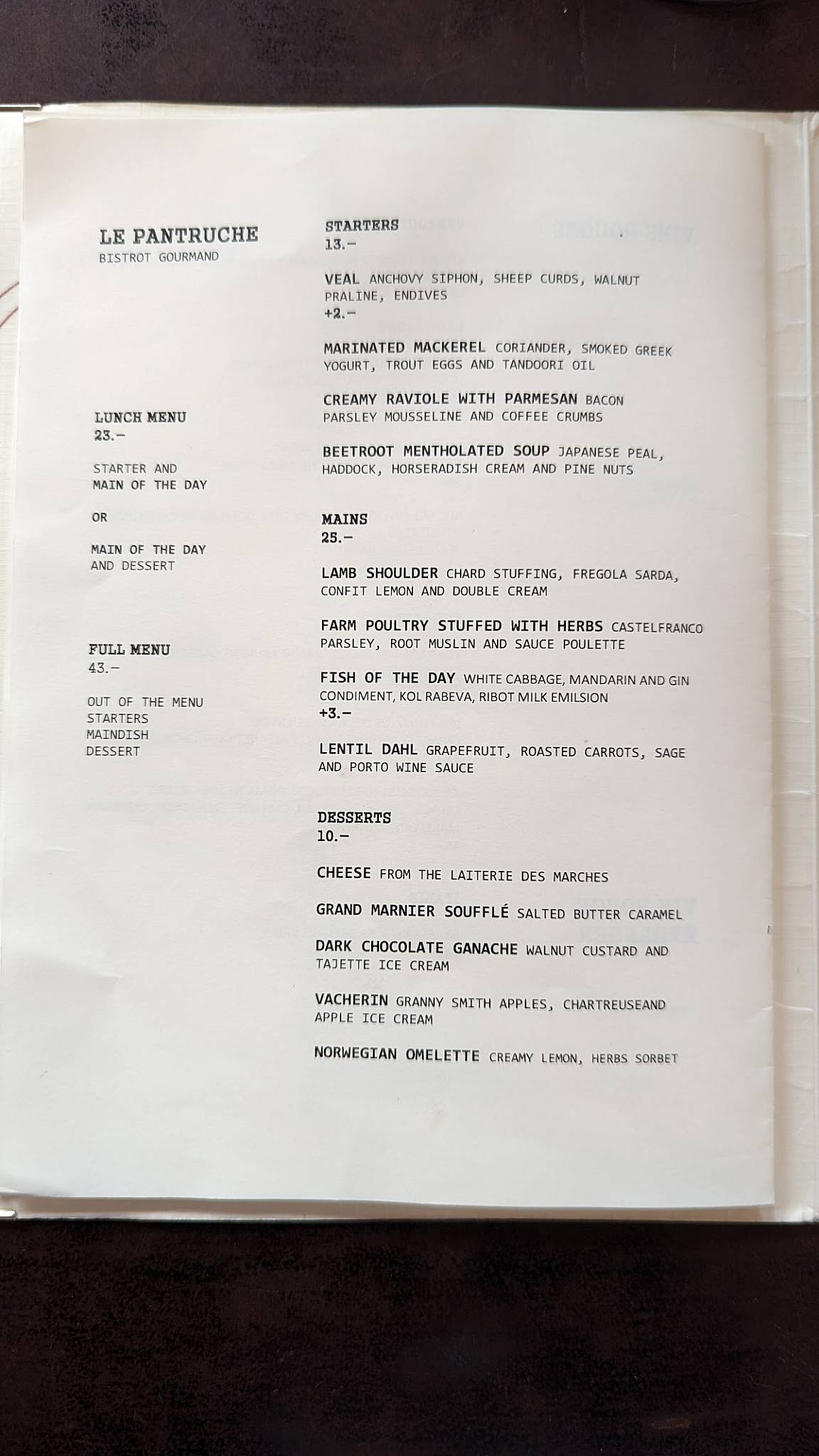 Menu at Le Pantruche restaurant, Paris, 3 Rue Victor Massé