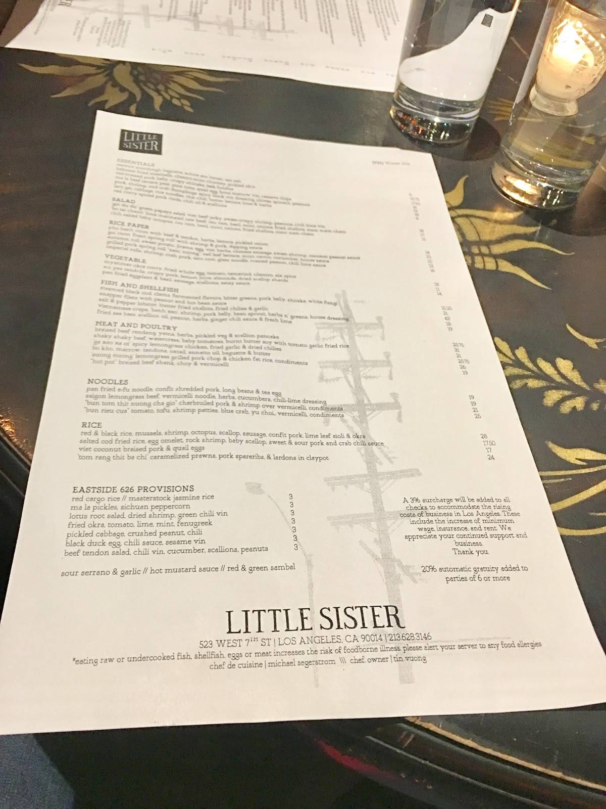 Menu at Little Sister DTLA restaurant, Los Angeles