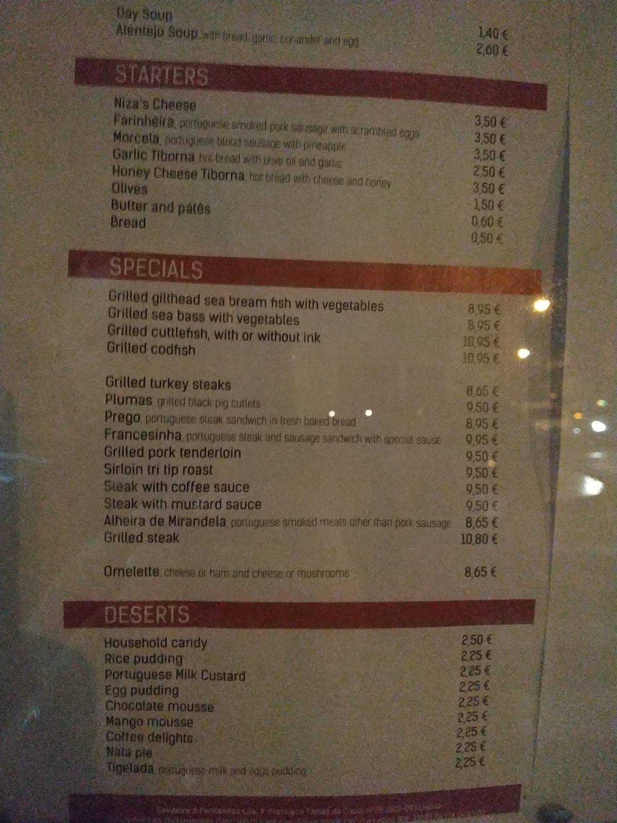 Menu em Lucimar restaurante, Lisboa, Rua Francisco Tomás da Costa