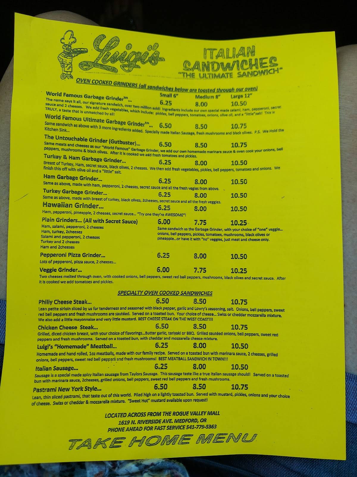 Menu at Luigi's Italian Sandwiches fast food, Medford