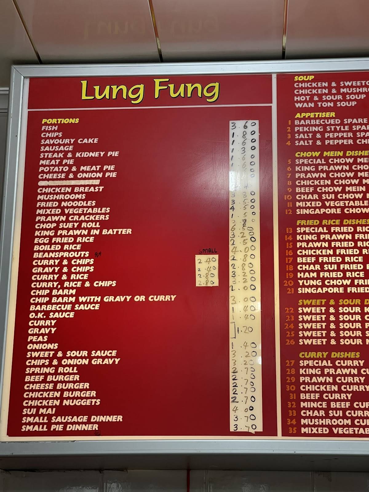 Menu at Lung-Fung restaurant, Liverpool