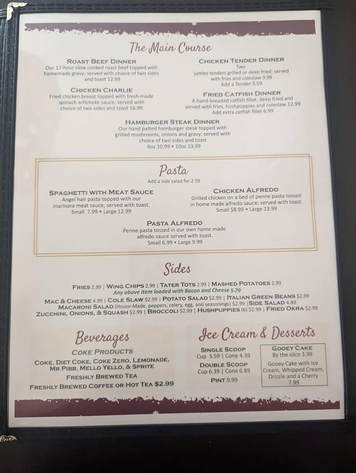 Menu at Mama Henry’s restaurant, West Columbia