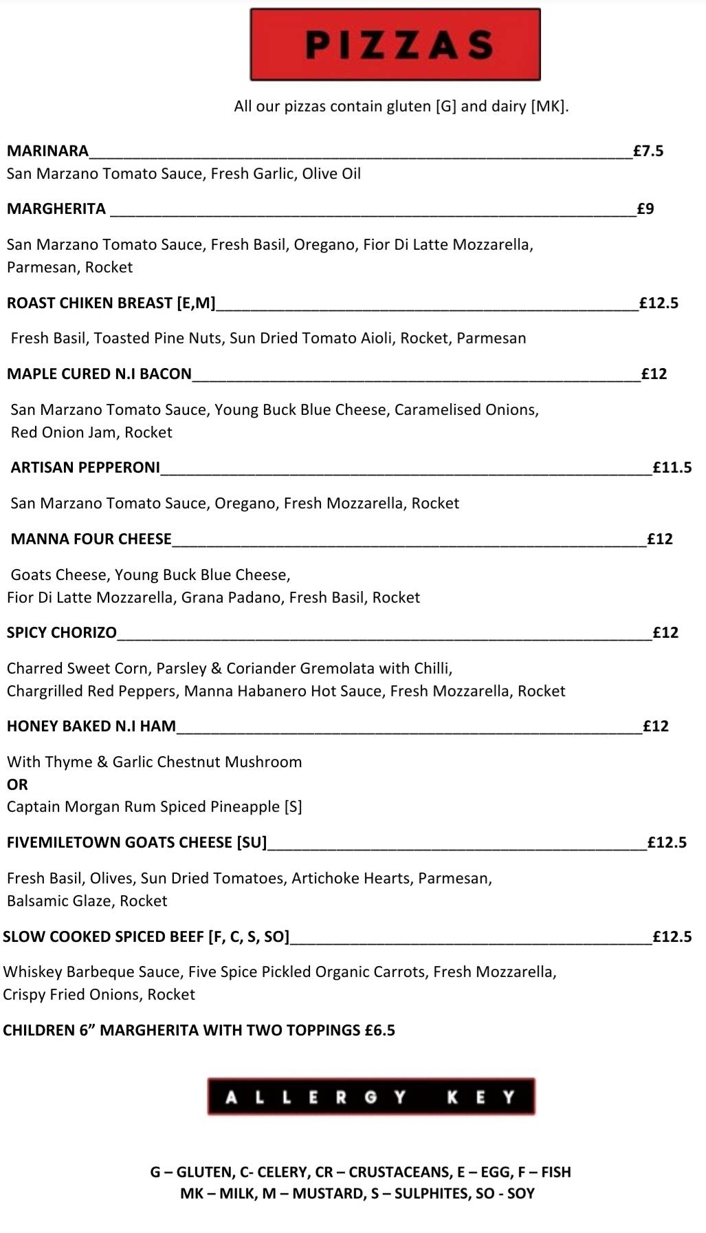 Menu at Manna Pizza restaurant, Bangor