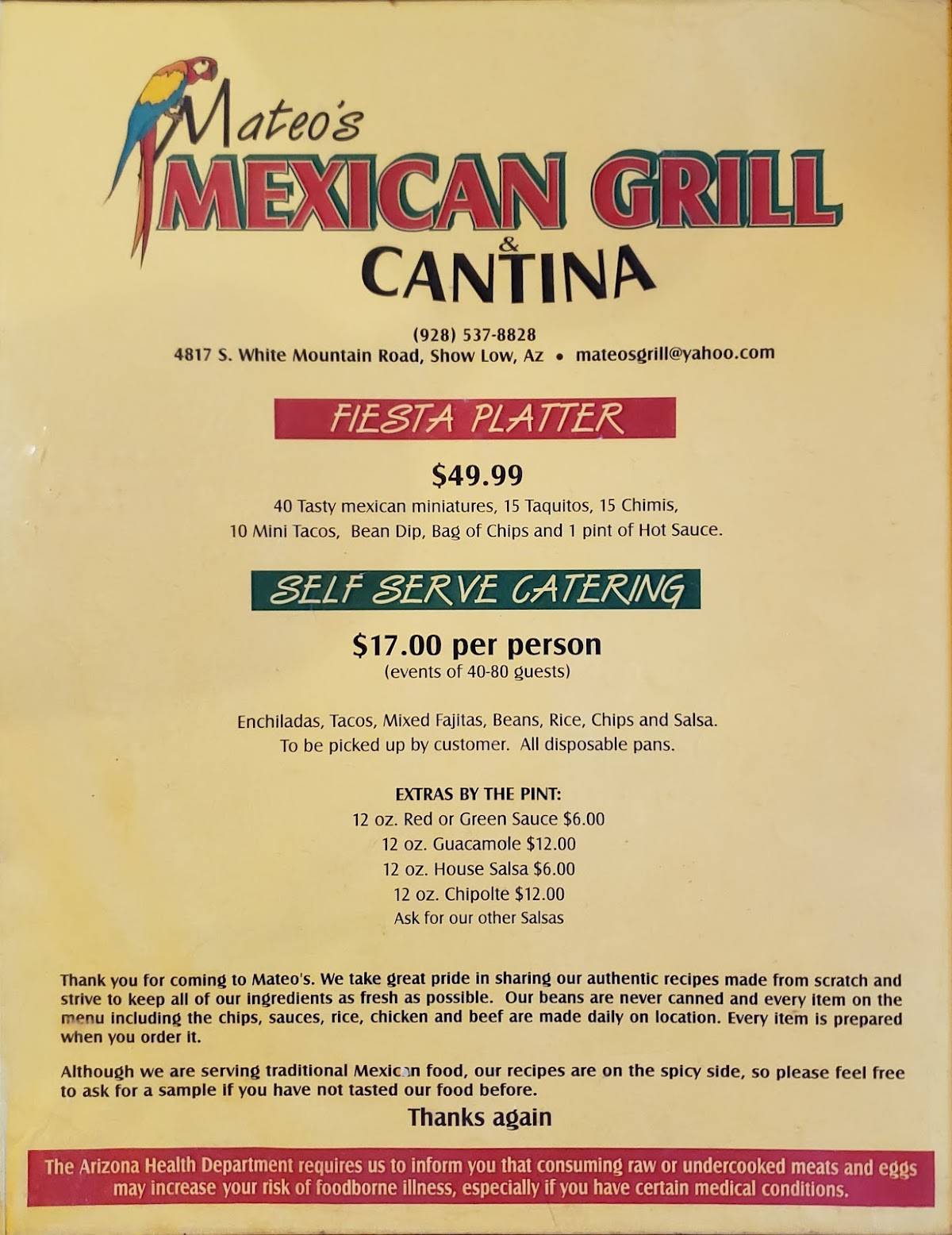 Menu at Mateos Mexican Grill restaurant, Show Low