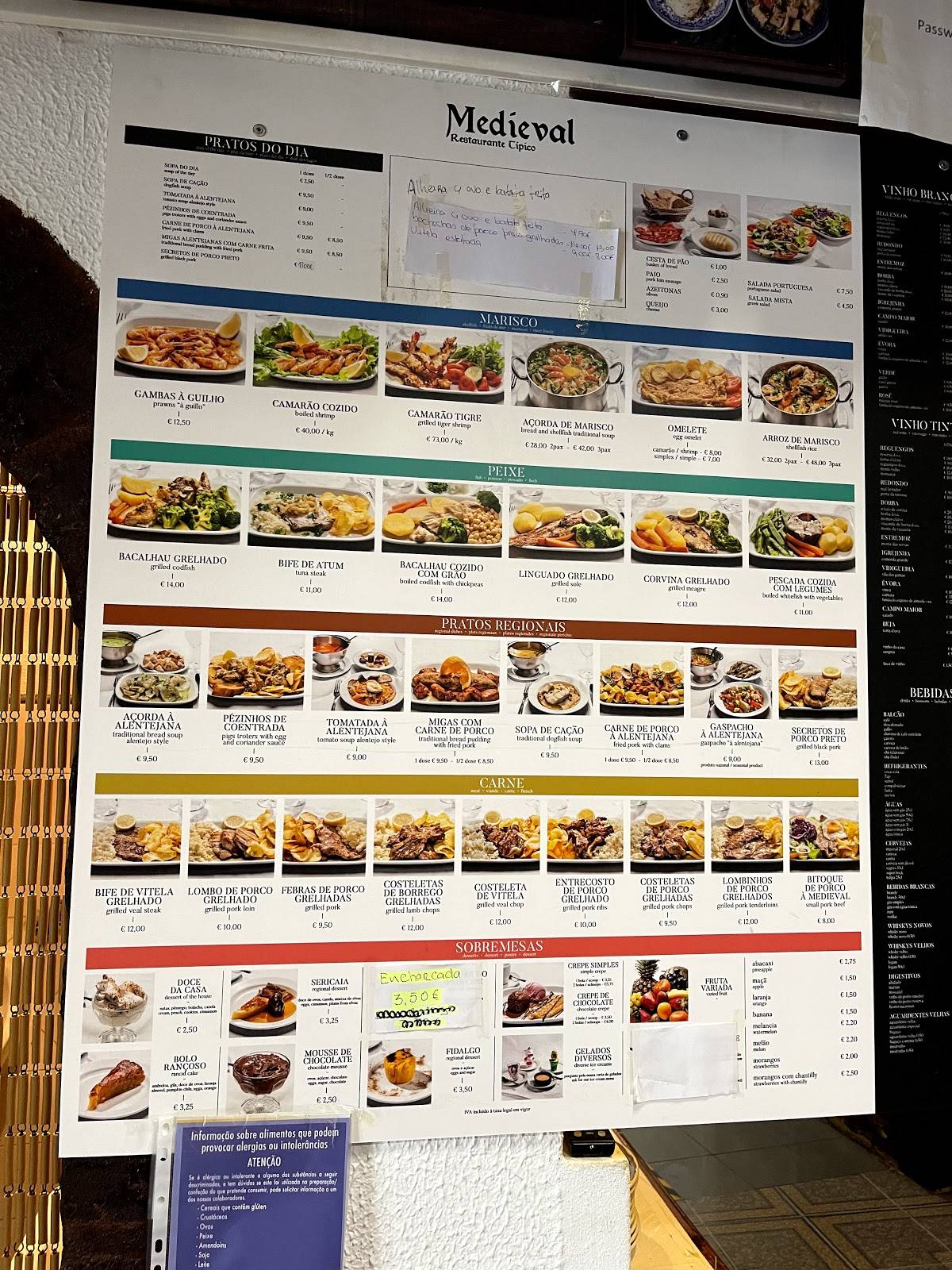 Menu at Medieval restaurant, Evora