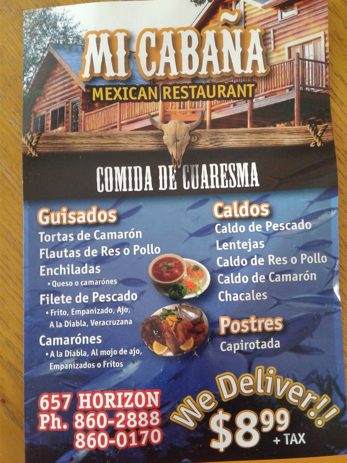 Menu at Mi Cabaña restaurant, Socorro, 657 Horizon Blvd