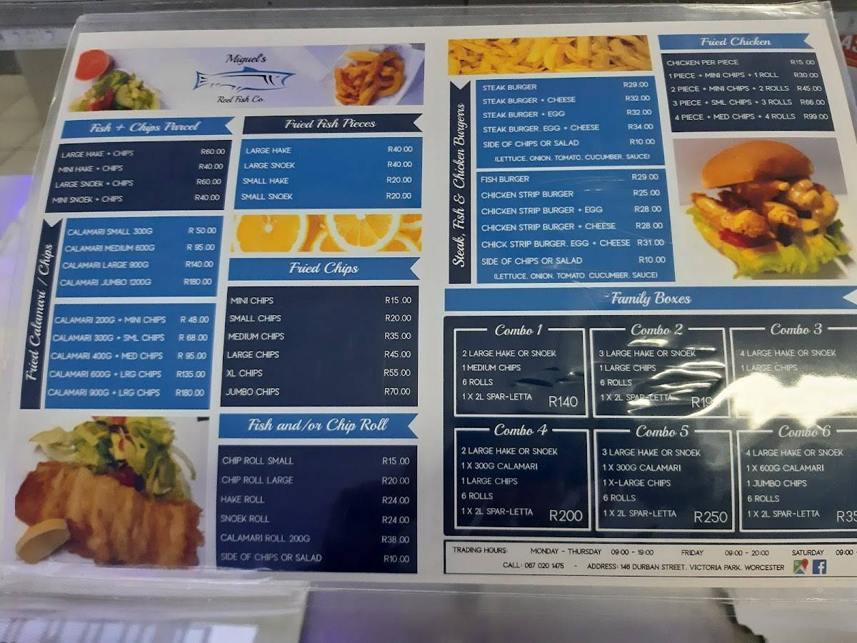 Menu at Miguel's Reel Fish Co. restaurant, Worcester