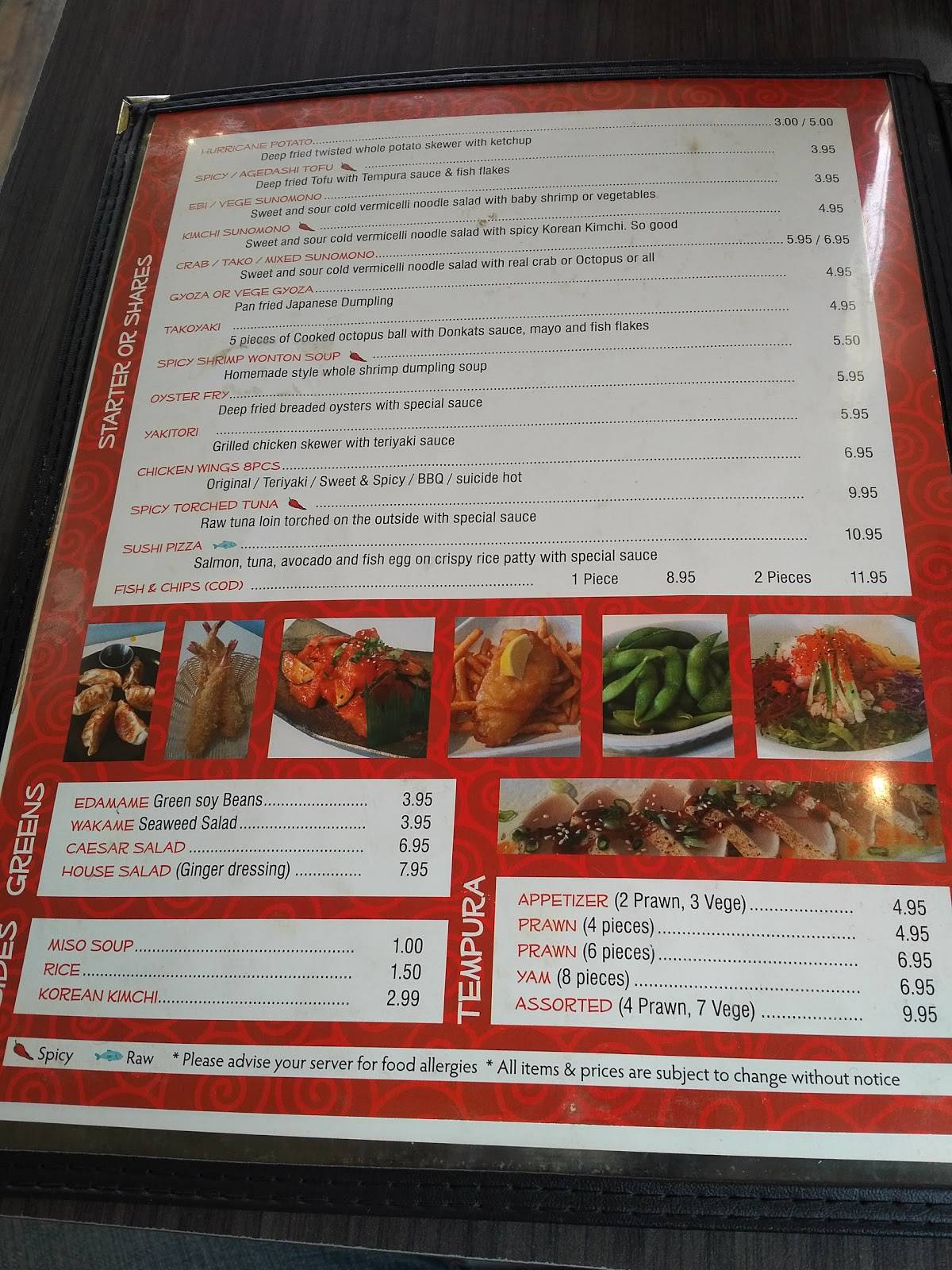 Menu at Miki's Sushi restaurant, Campbell River