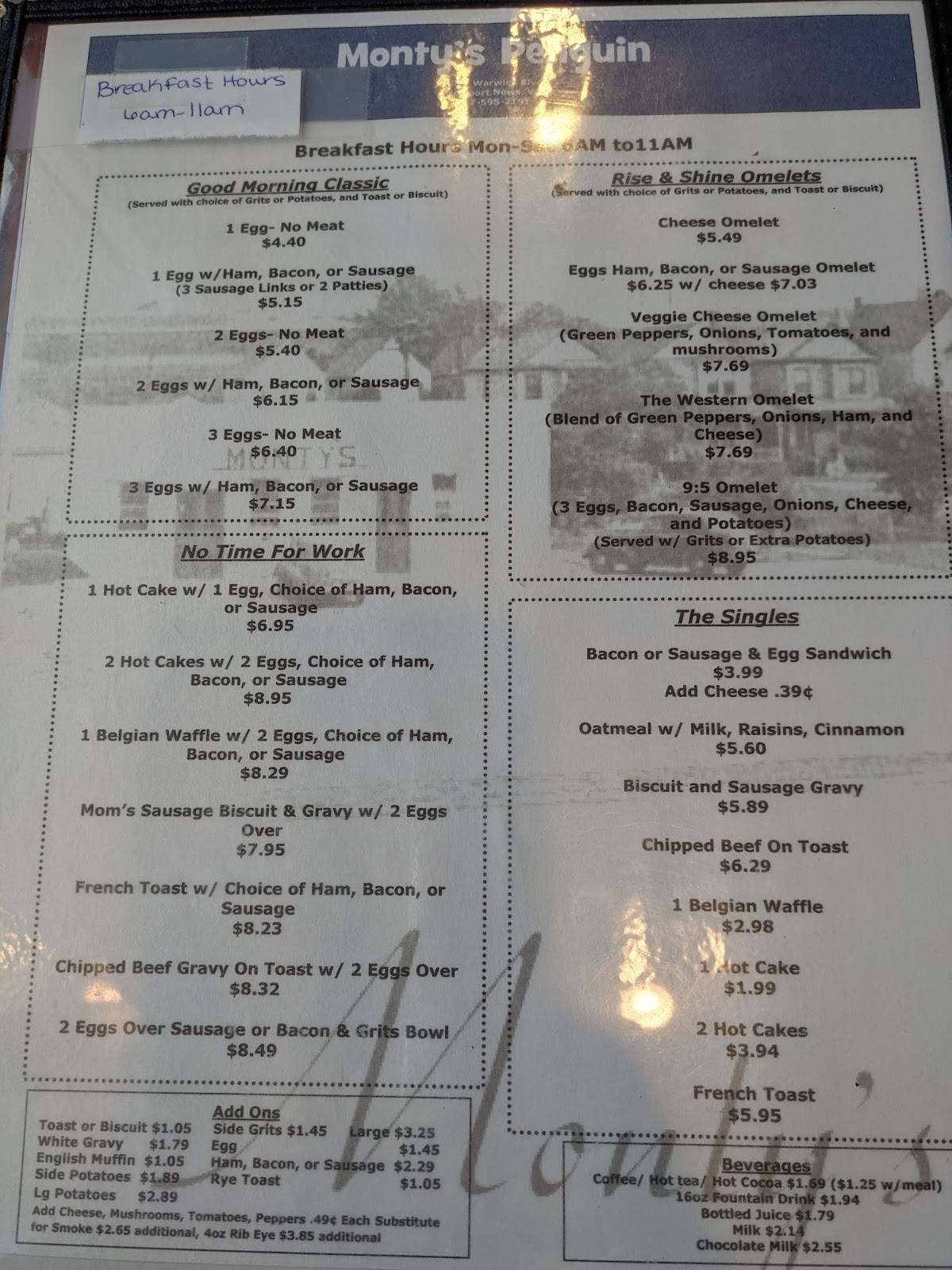 Menu at Monty's Penguin restaurant, Newport News