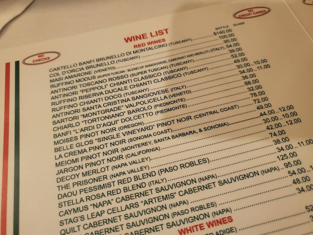 Menu at Mosca's Restaurant, New Orleans