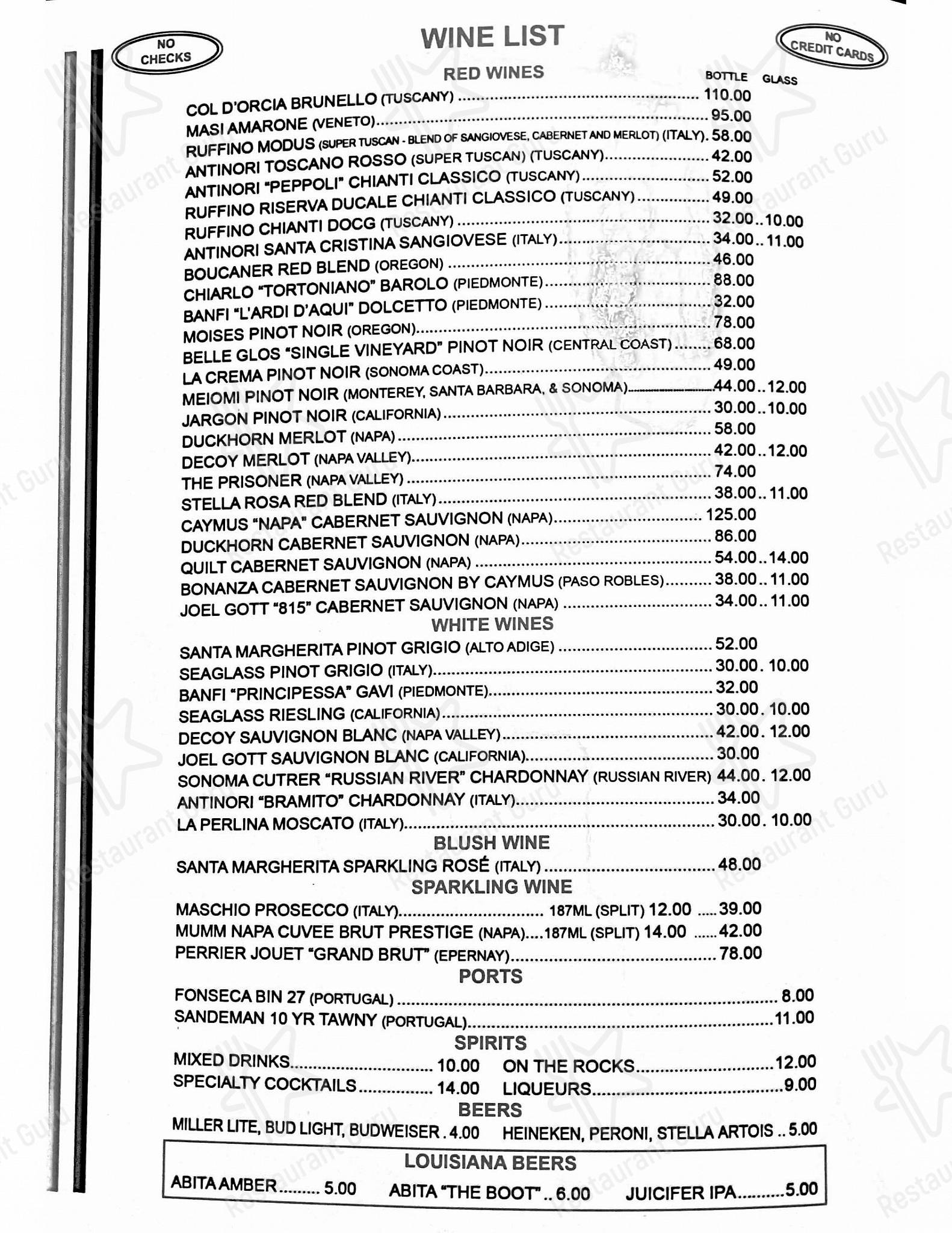 Menu at Mosca's Restaurant, New Orleans