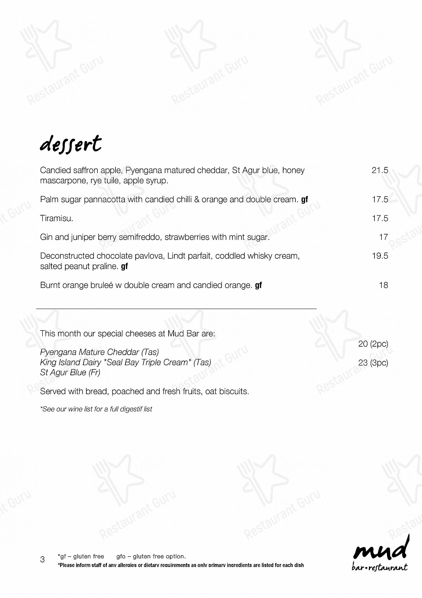 Menu at Mudbar Restaurant, Launceston