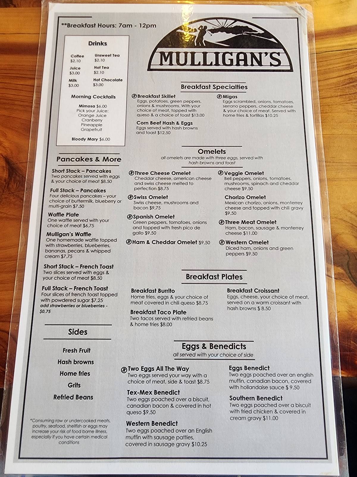Menu at Mulligan’s restaurant, Georgetown