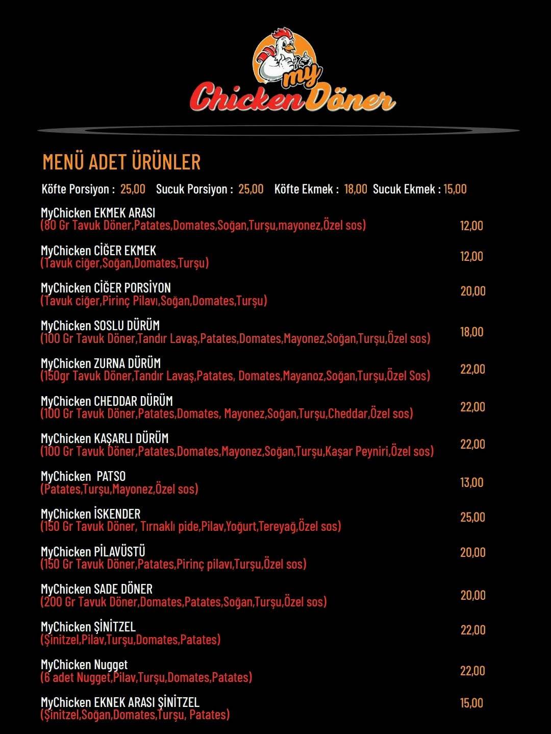 Menu at MyChicken Döner, Düzce
