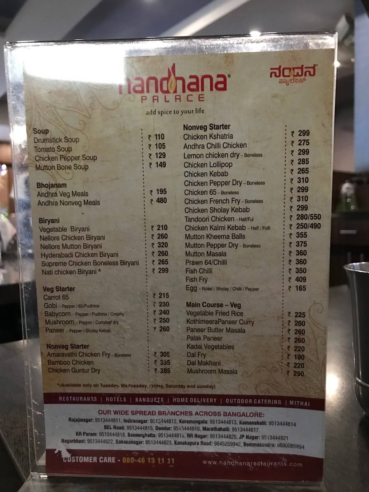 Menu at Nandhana Palace -Andhra Style Restaurant - Rajajinagar ...