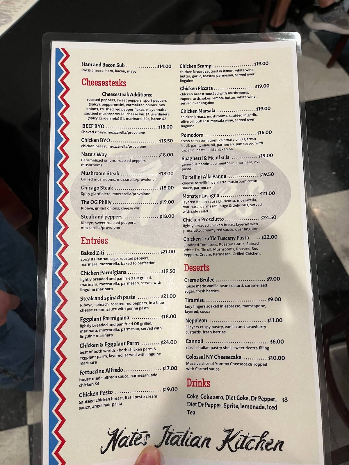 Menu at Nate's Italian Kitchen restaurant, Tucson