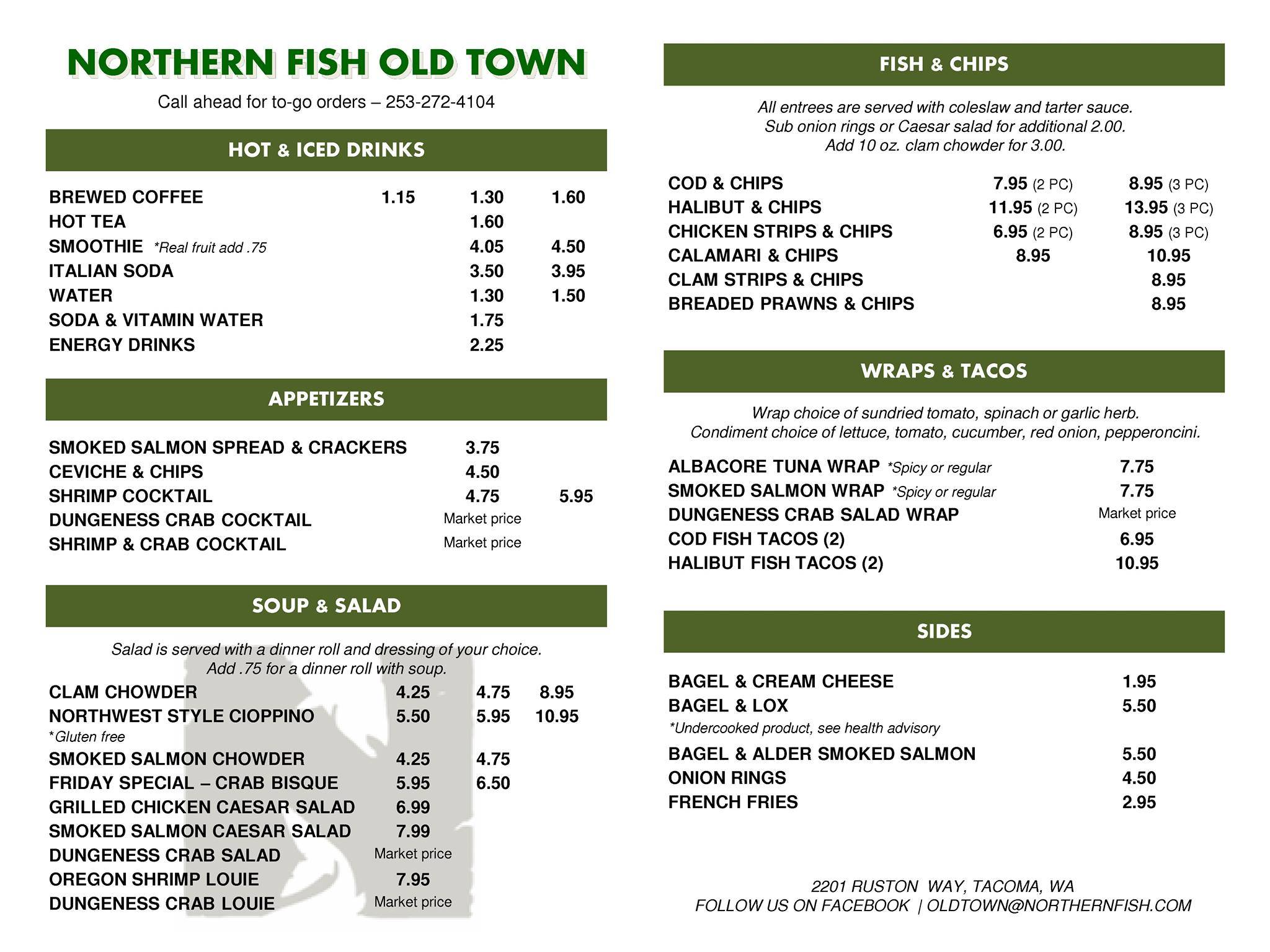 Menu at Northern Fish restaurant, Tacoma