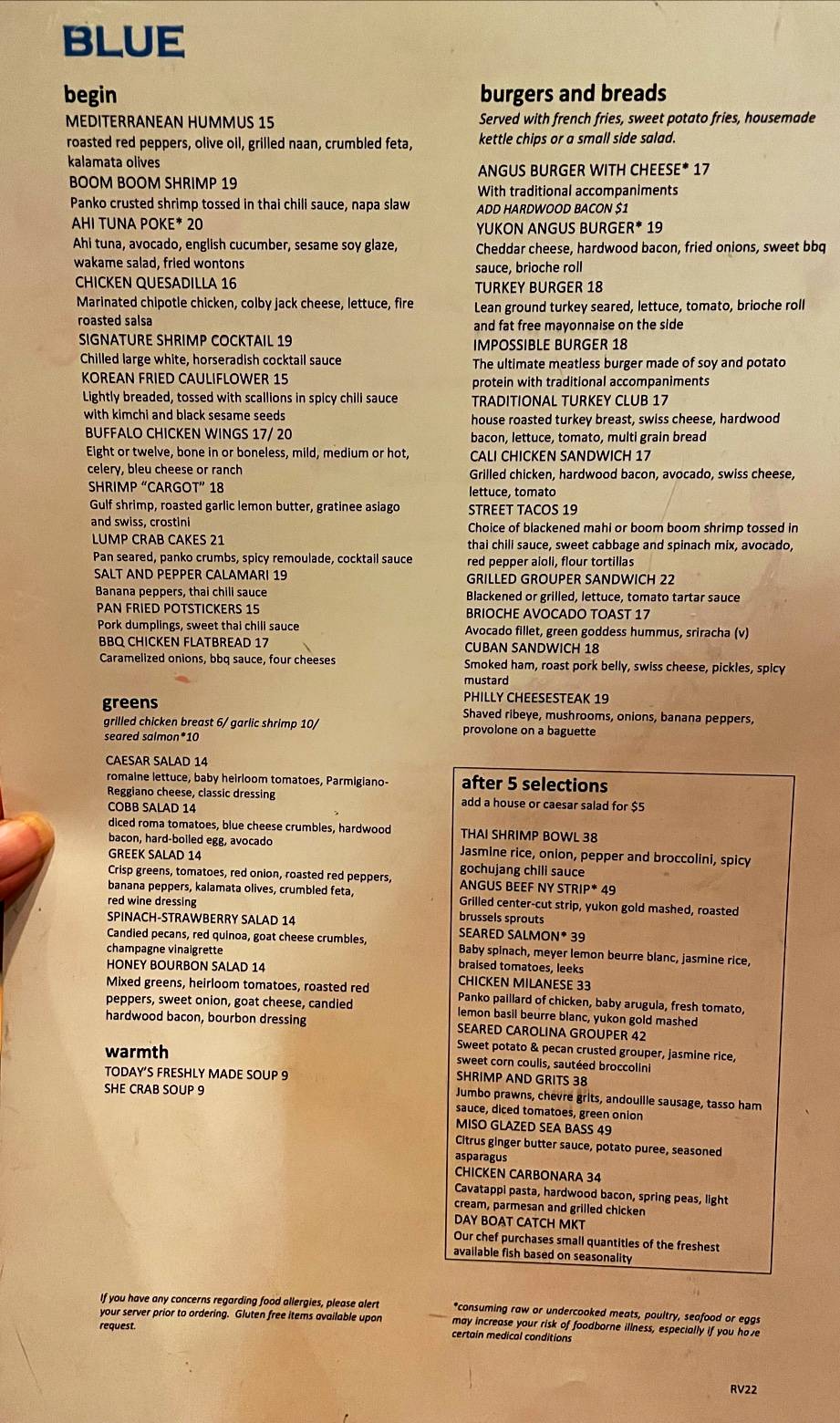 Menu at Ocean Blue Restaurant, Myrtle Beach, S Ocean Blvd