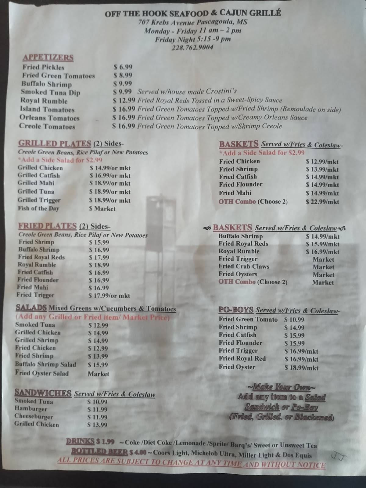 Menu at Off the Hook restaurant, Pascagoula