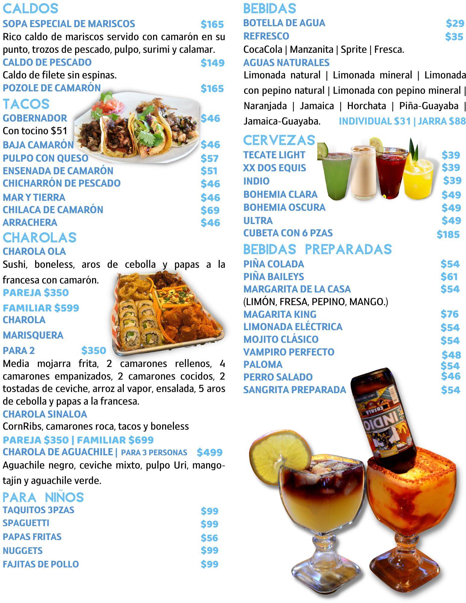 Carta de Ola Sinaloa - Mariscos Auténticos Rib’s Restaurant-Bar, Monclova