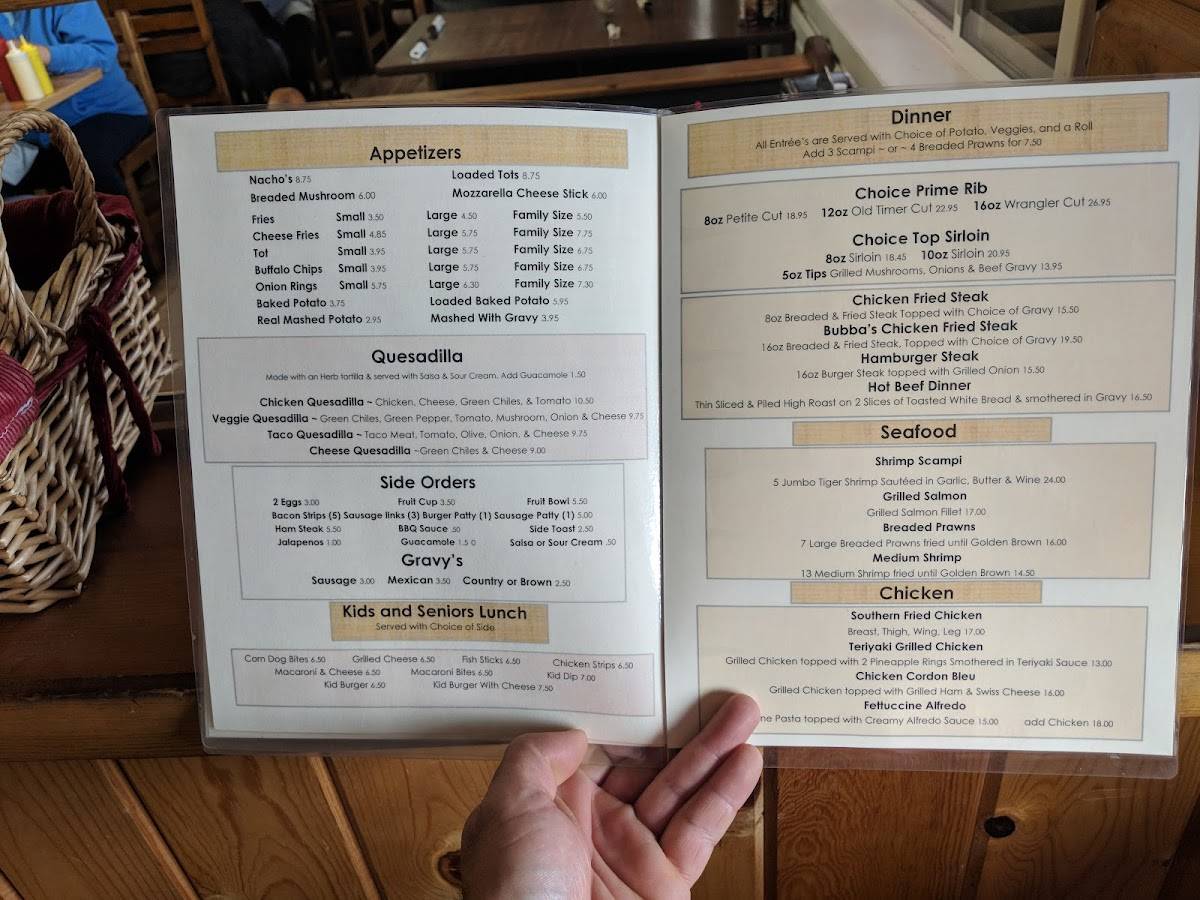 Menu at Old Timer Cafe, Saint Ignatius
