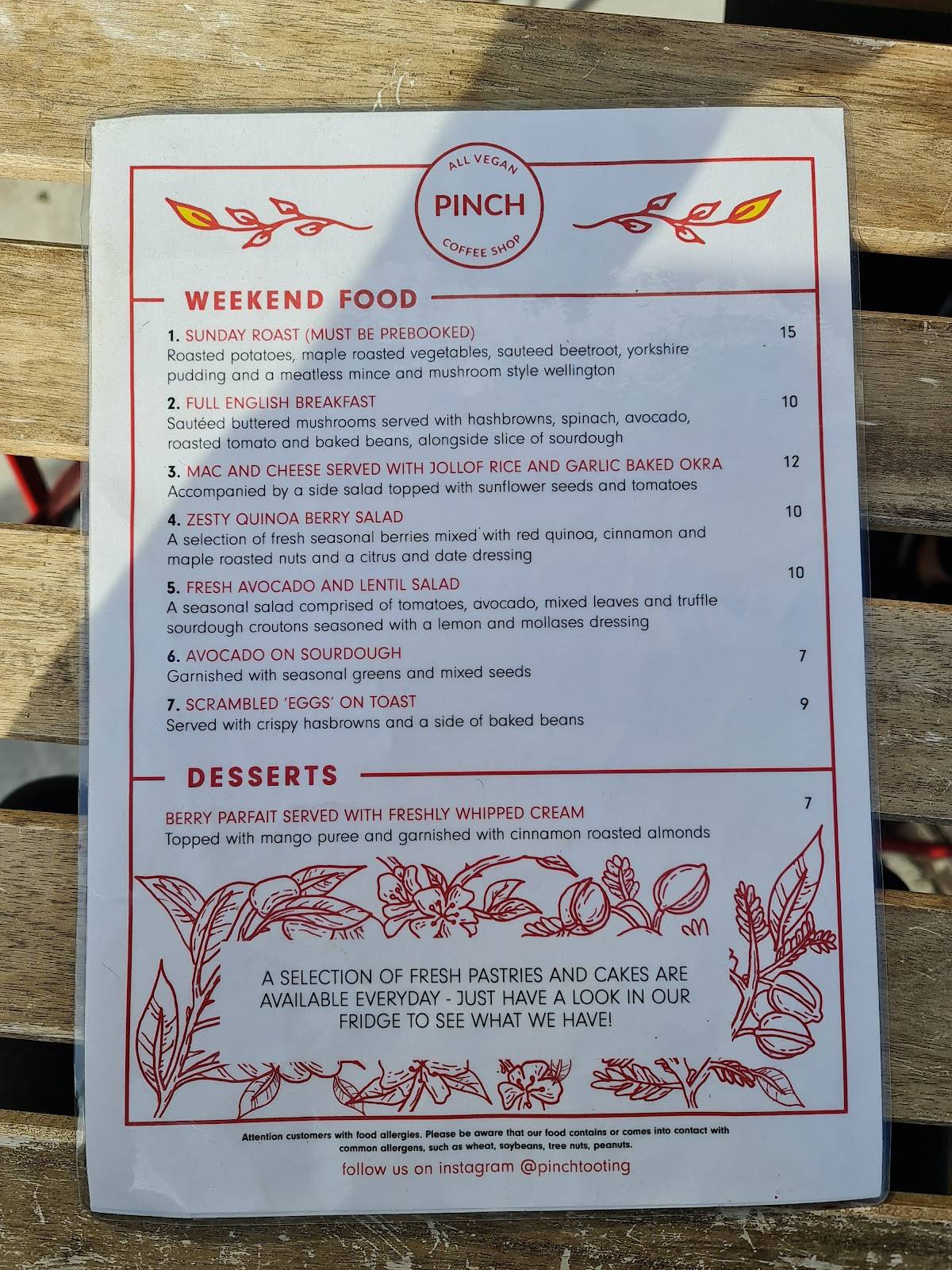 Menu at Pinch Cafe, London