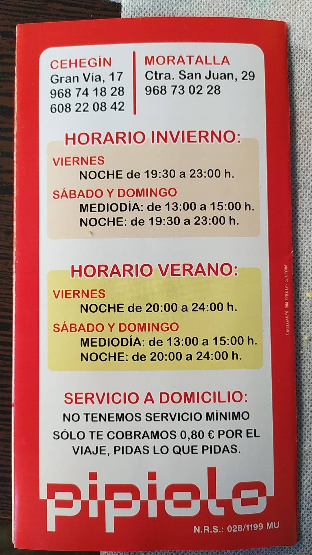Menu at Pipiolo Restaurante SL, Moratalla