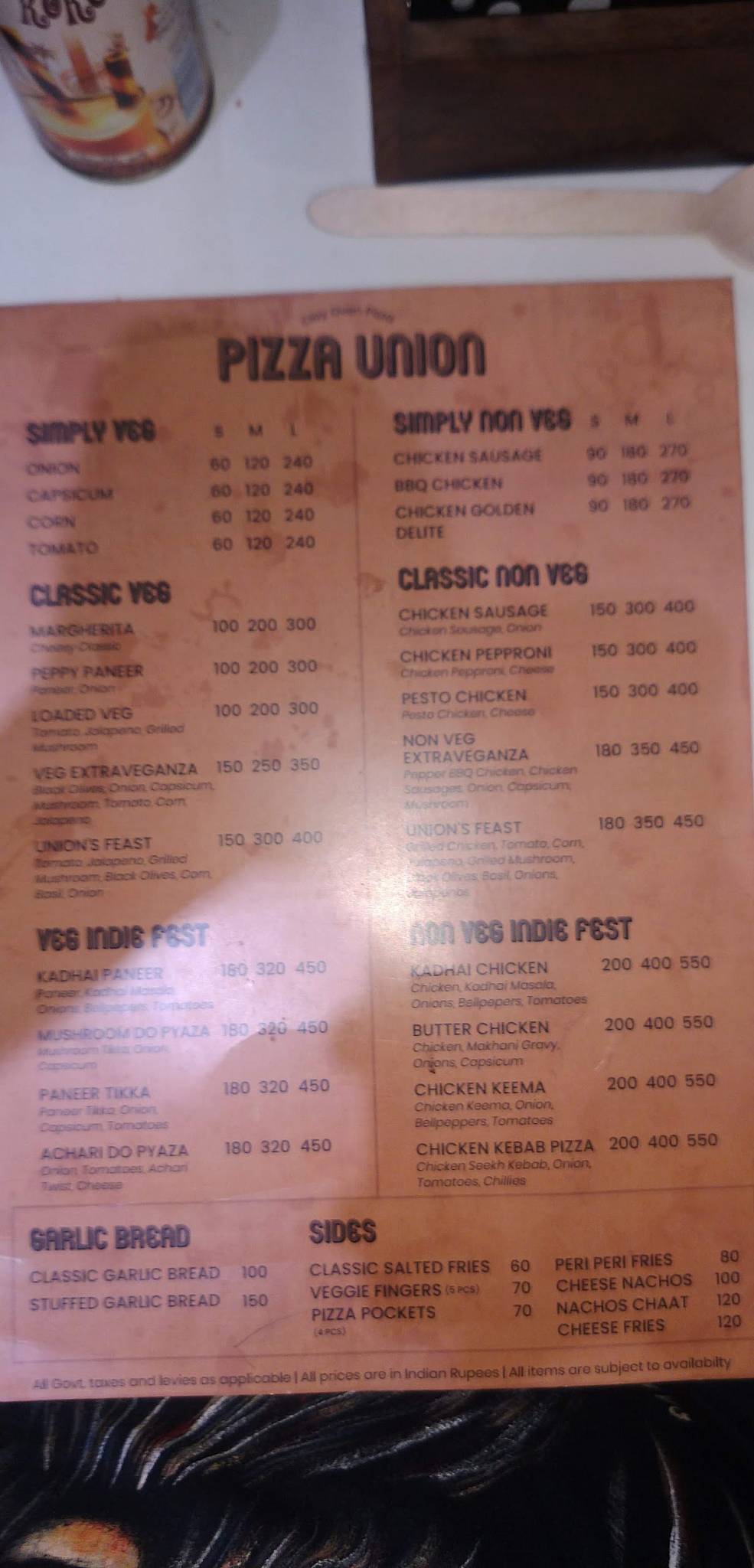 Menu at Pizza union, Delhi
