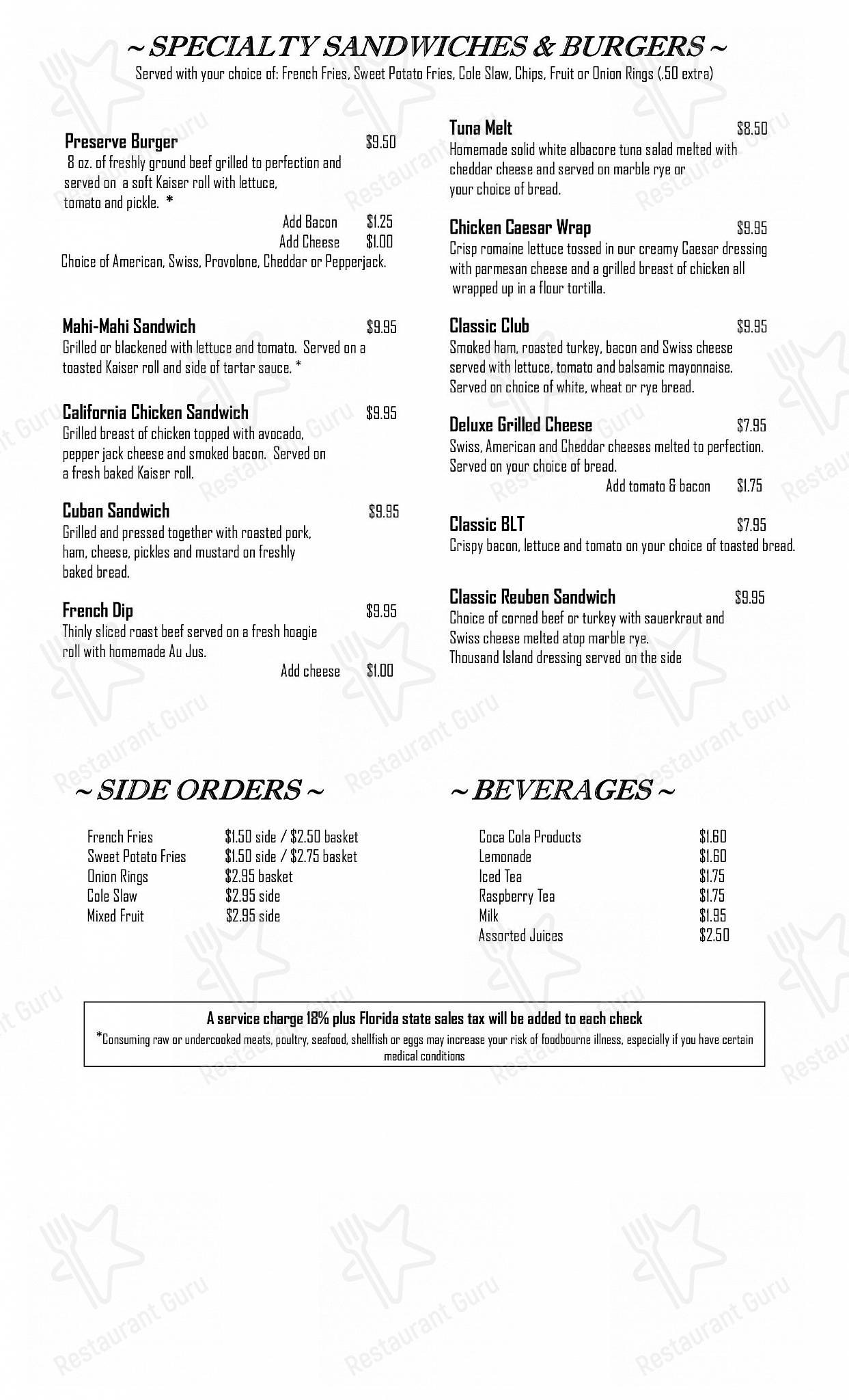 Menu at Plantation Preserve Restaurant, Plantation