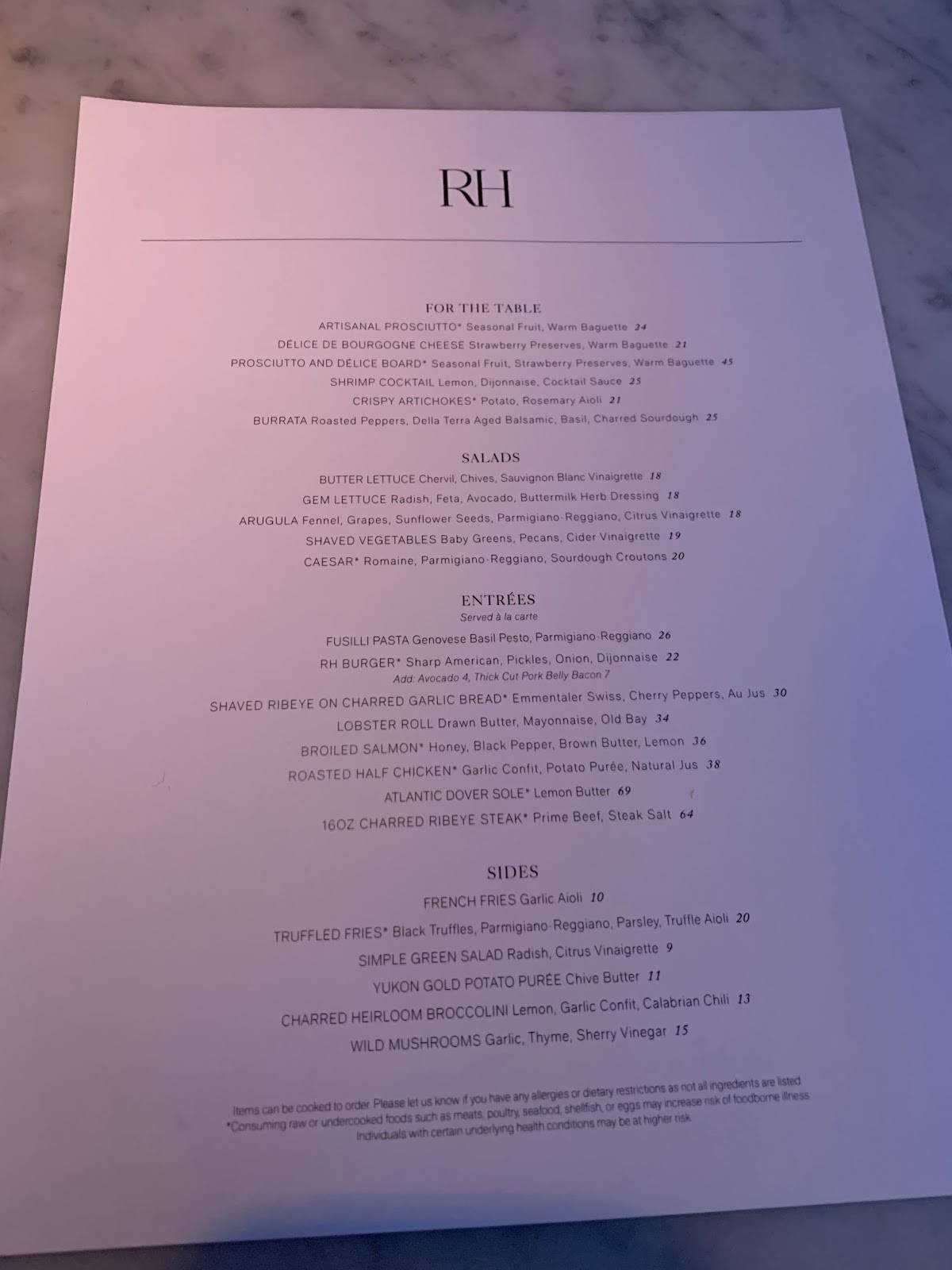 Menu at RH Yountville Restaurant, Yountville