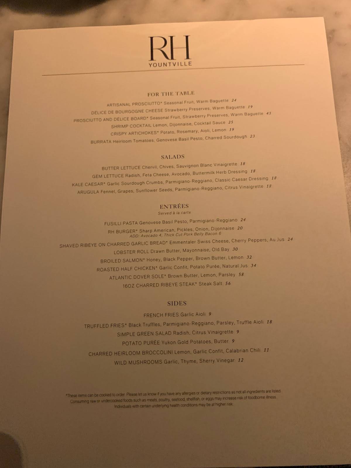 Menu at RH Yountville Restaurant, Yountville