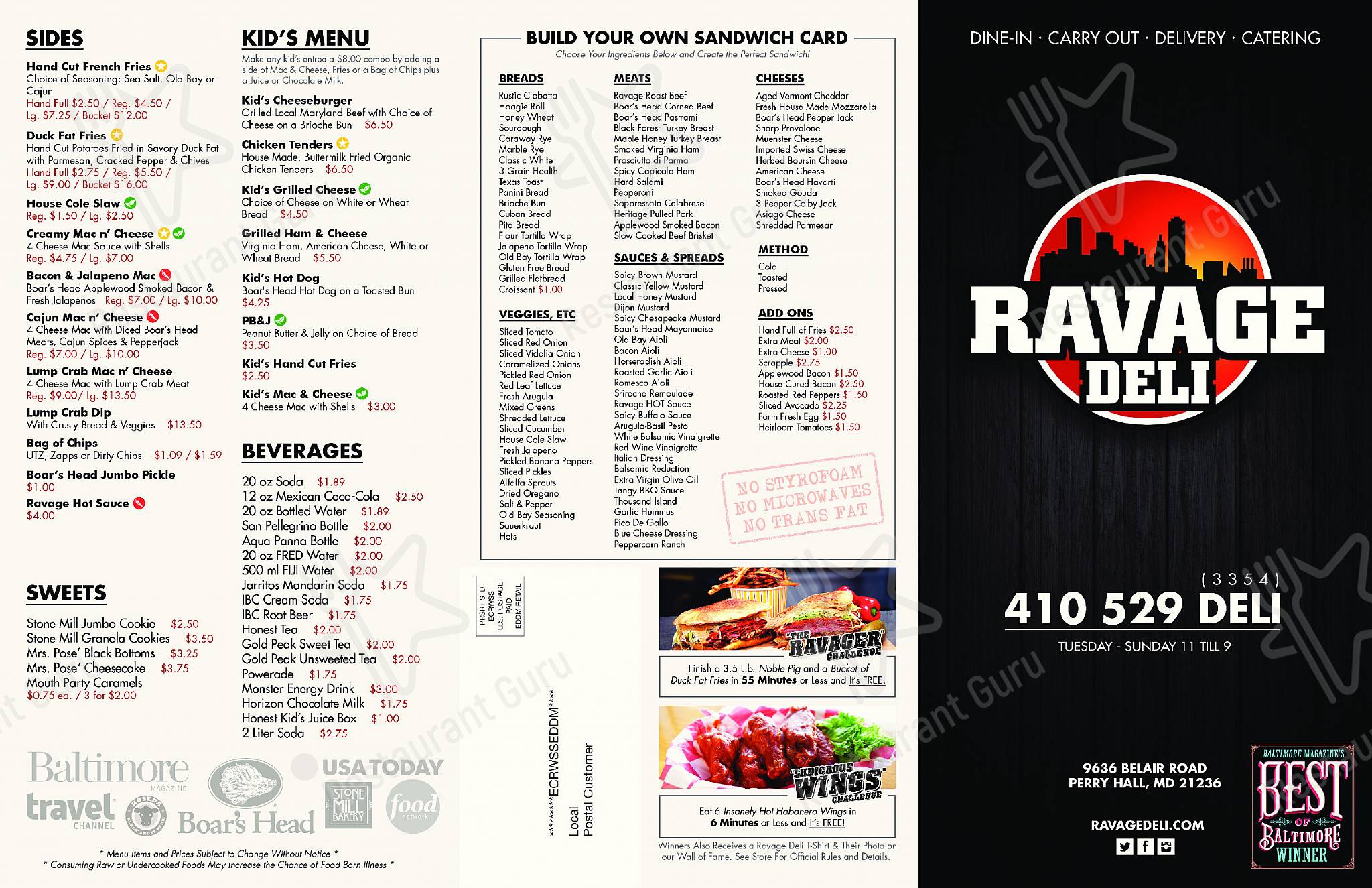 Menu at Ravage Deli restaurant, Perry Hall