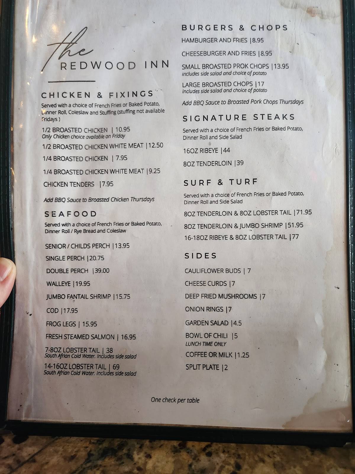 Menu at Redwood Inn restaurant, Green Bay, Main St