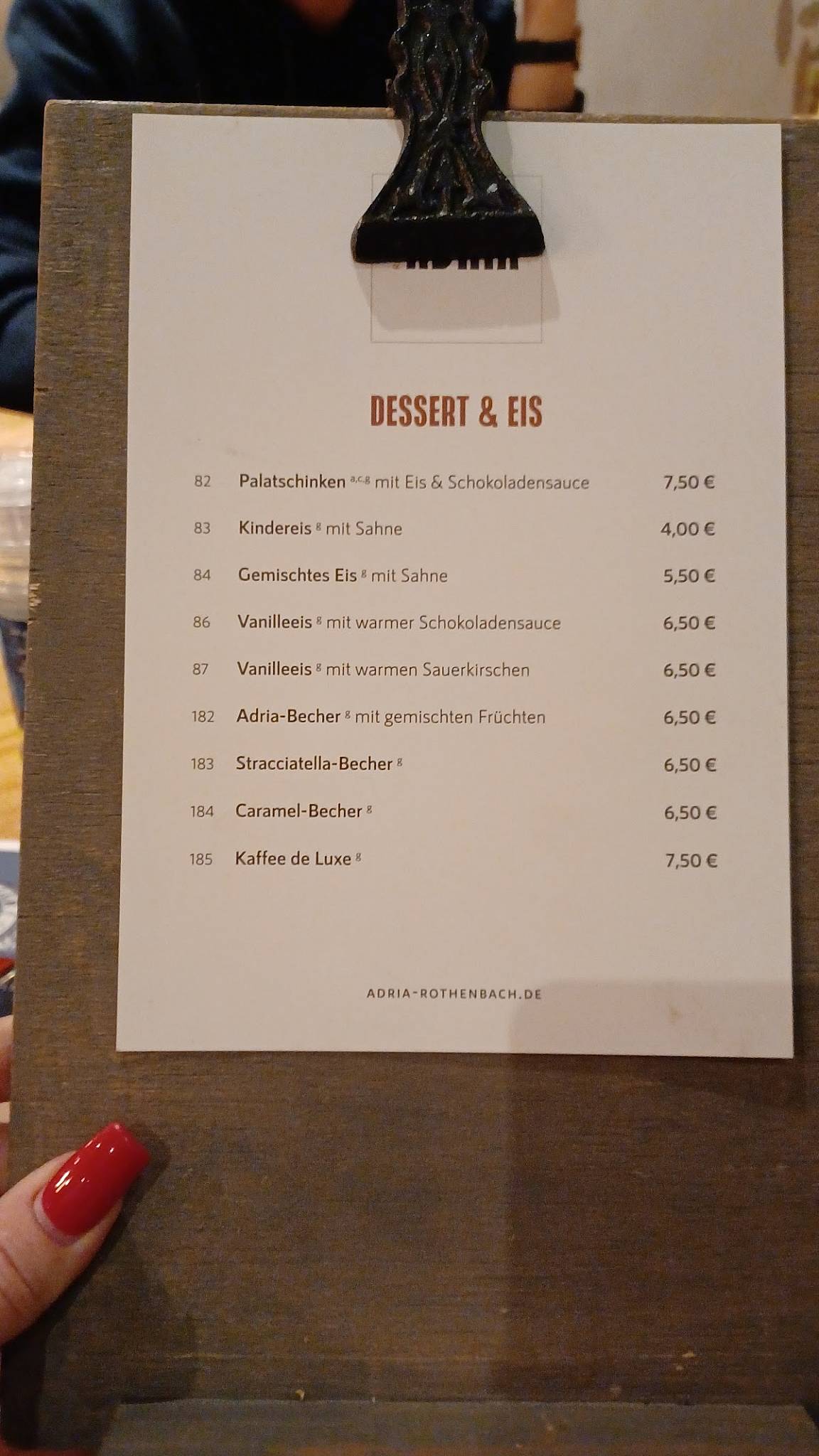 Menu at Restaurant Adria, Wassenberg