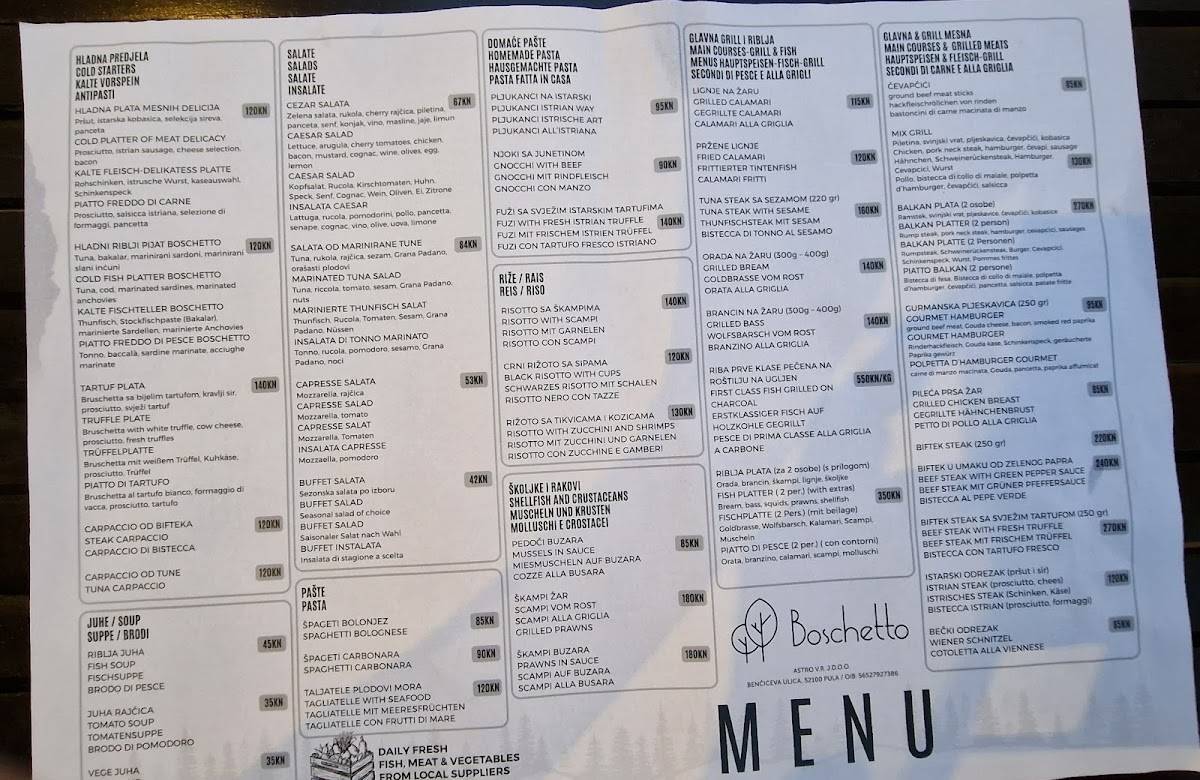 Menu da Restaurant Boschetto, Pola