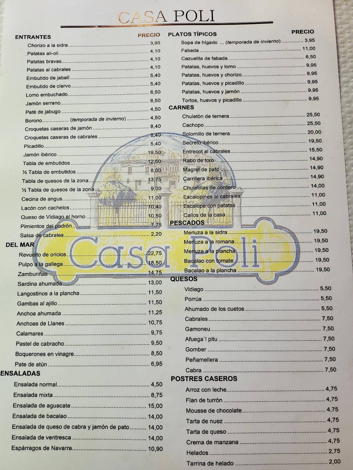 Carta de Restaurante Casa Poli, Puertas de Vidiago