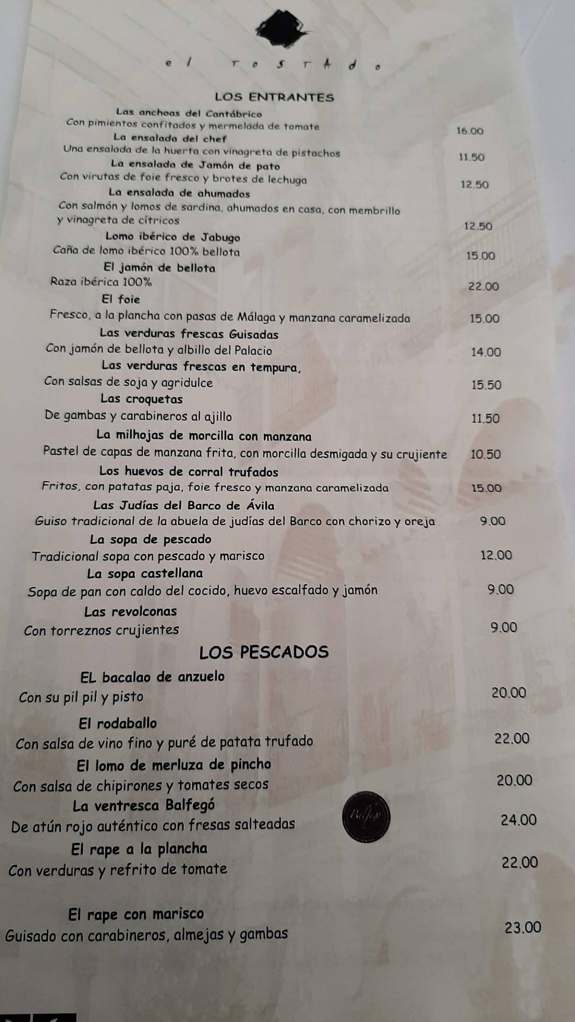 Carta de Restaurante El Tostado, Ávila