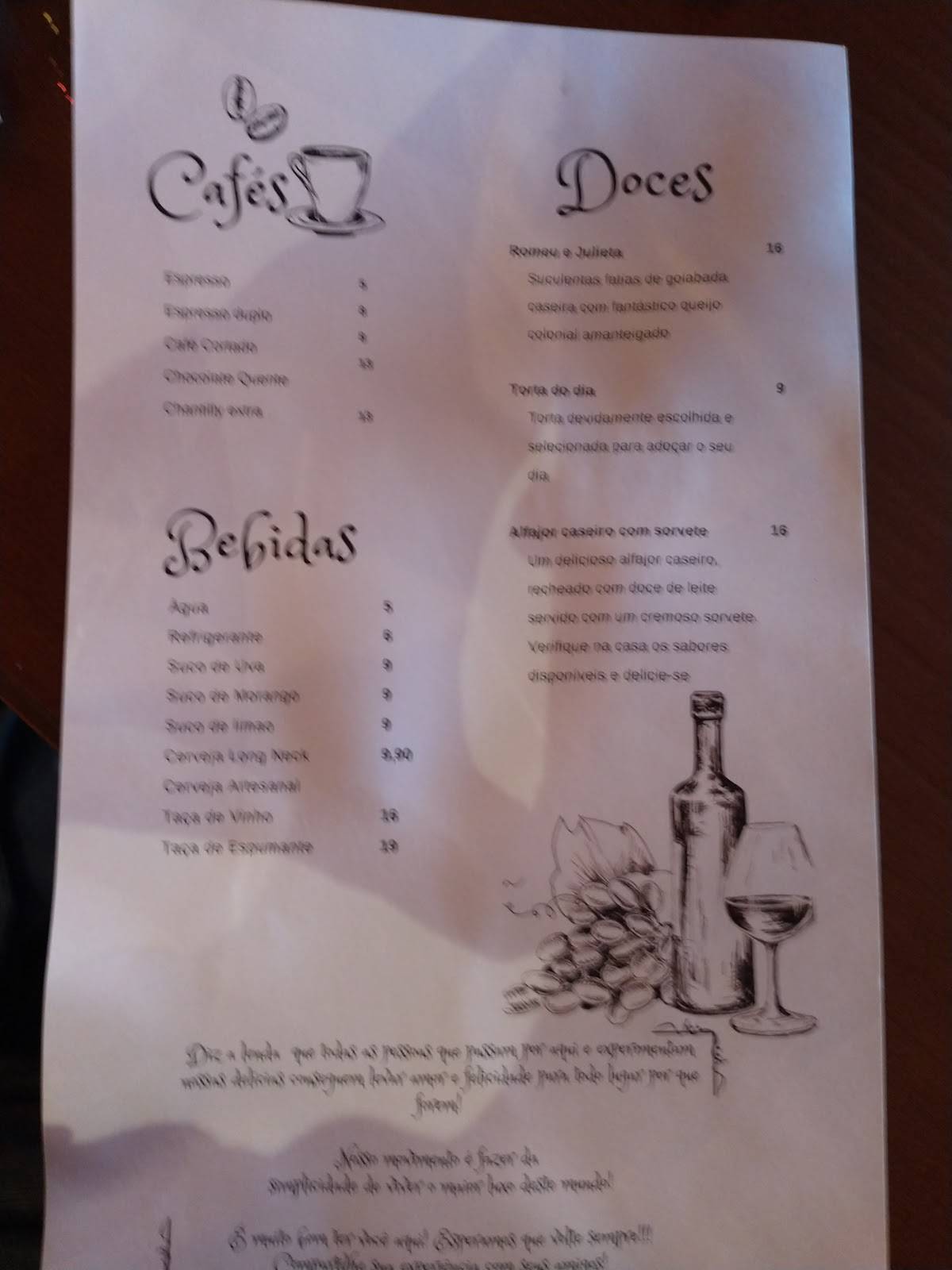 Menu em Primitivo Bistrô restaurante, Canela