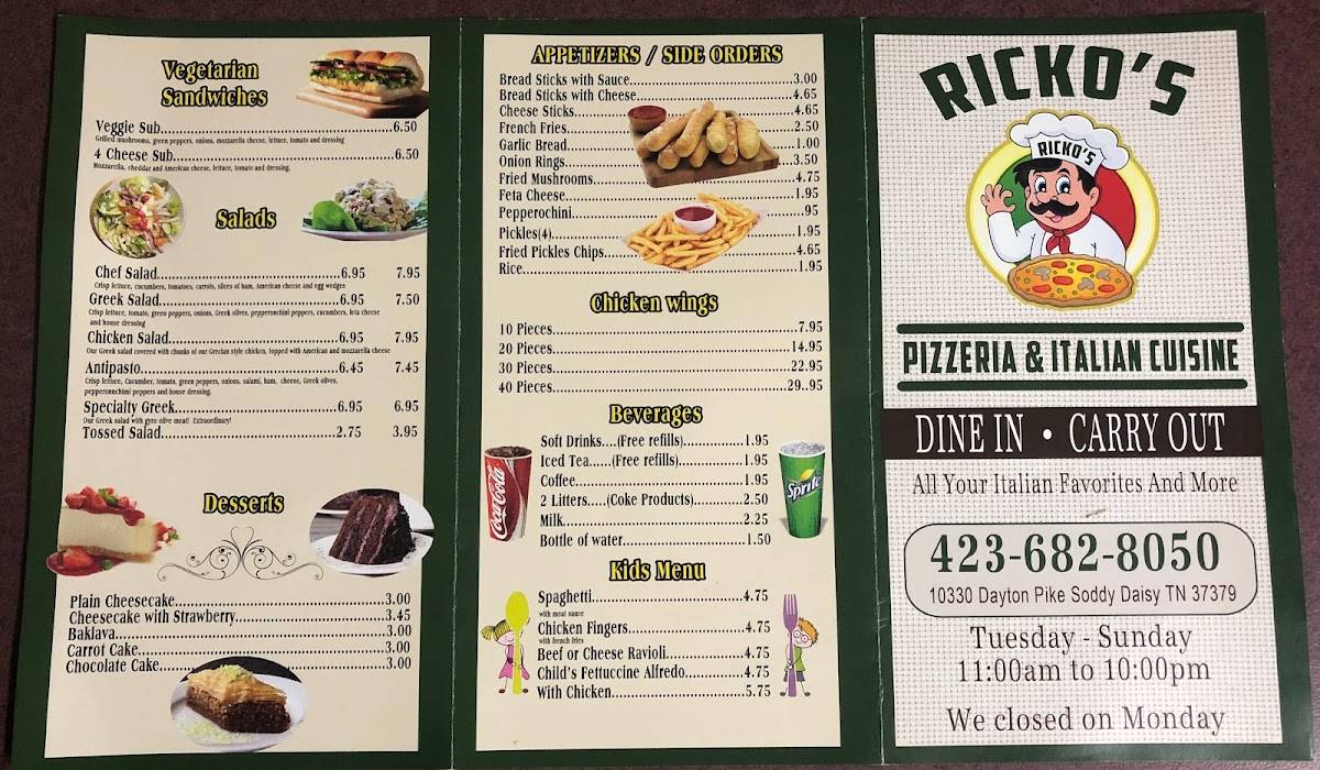 Menu at Ricko's Pizzeria and Italian Cuisine, Soddy-Daisy, Dayton Pike