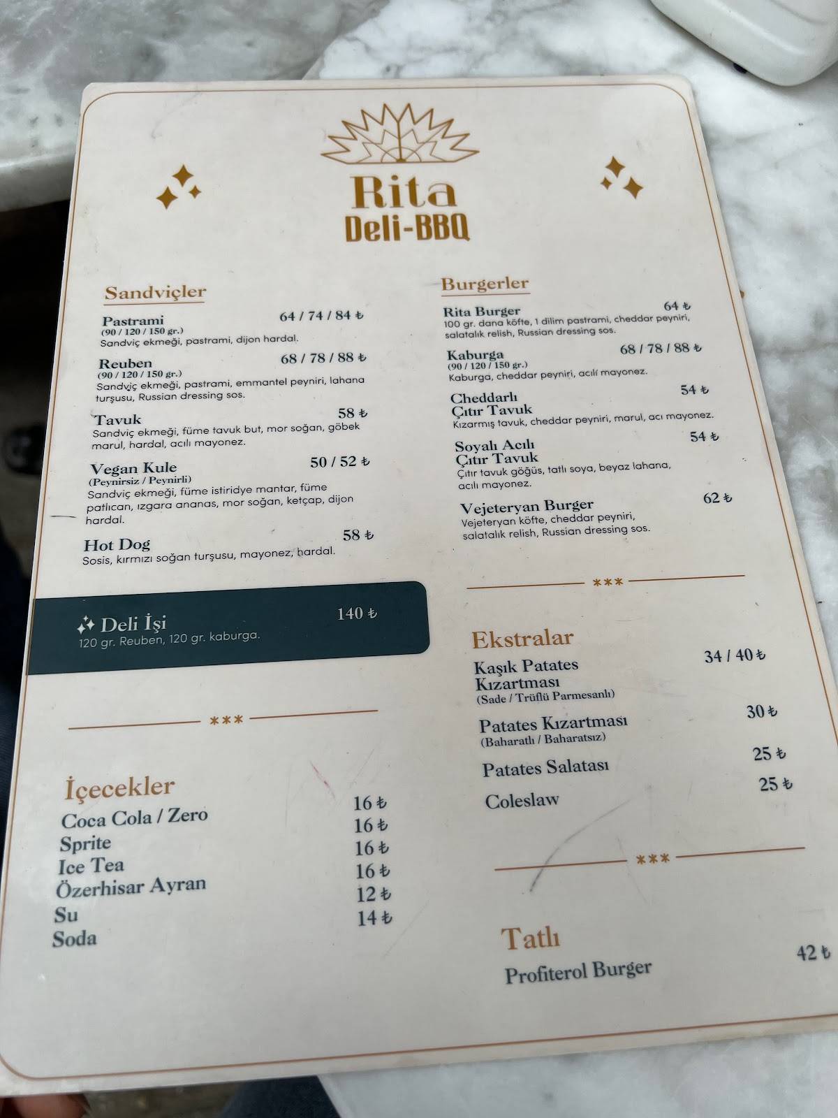 Menu at Rita Deli, Istanbul