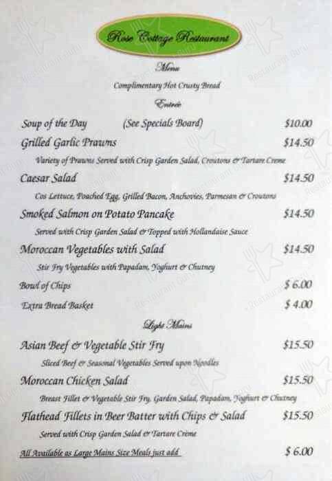 Menu at Rose Cottage Restaurant, Monbulk