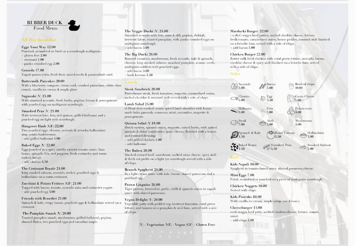 Menu at Rubber Duck Cafe, Clifton Hill