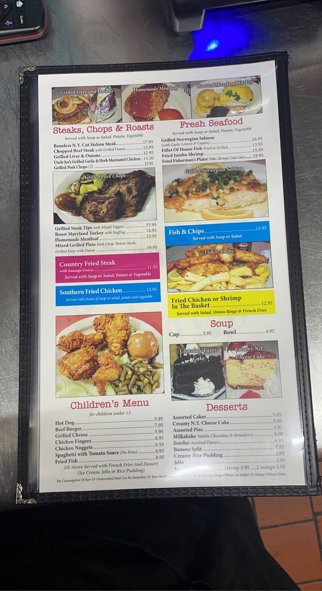 Menu at Uncle Joe's New York Diner restaurant, Ruskin