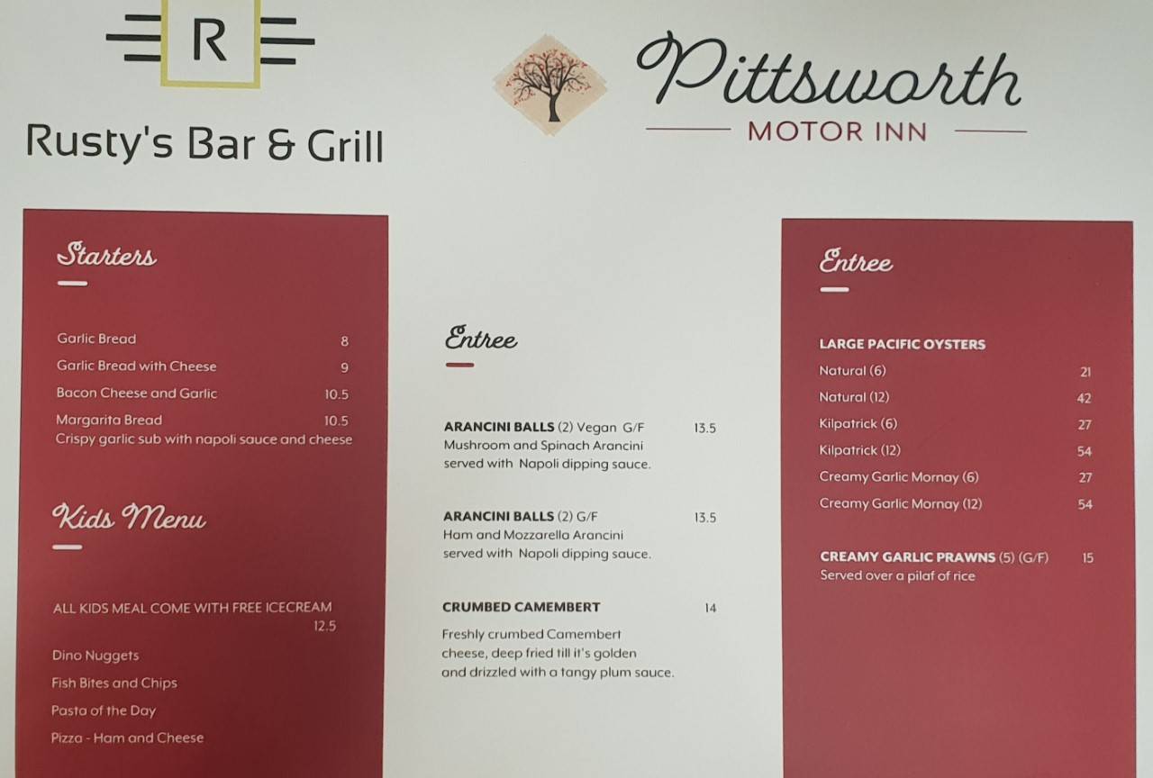 Menu at Rusty’s Bar & Grill, Pittsworth