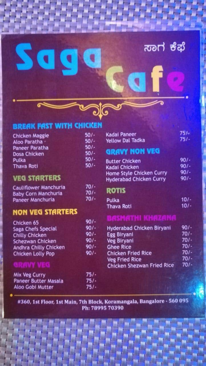 Menu at Saga Cafe, Bengaluru, No. 360