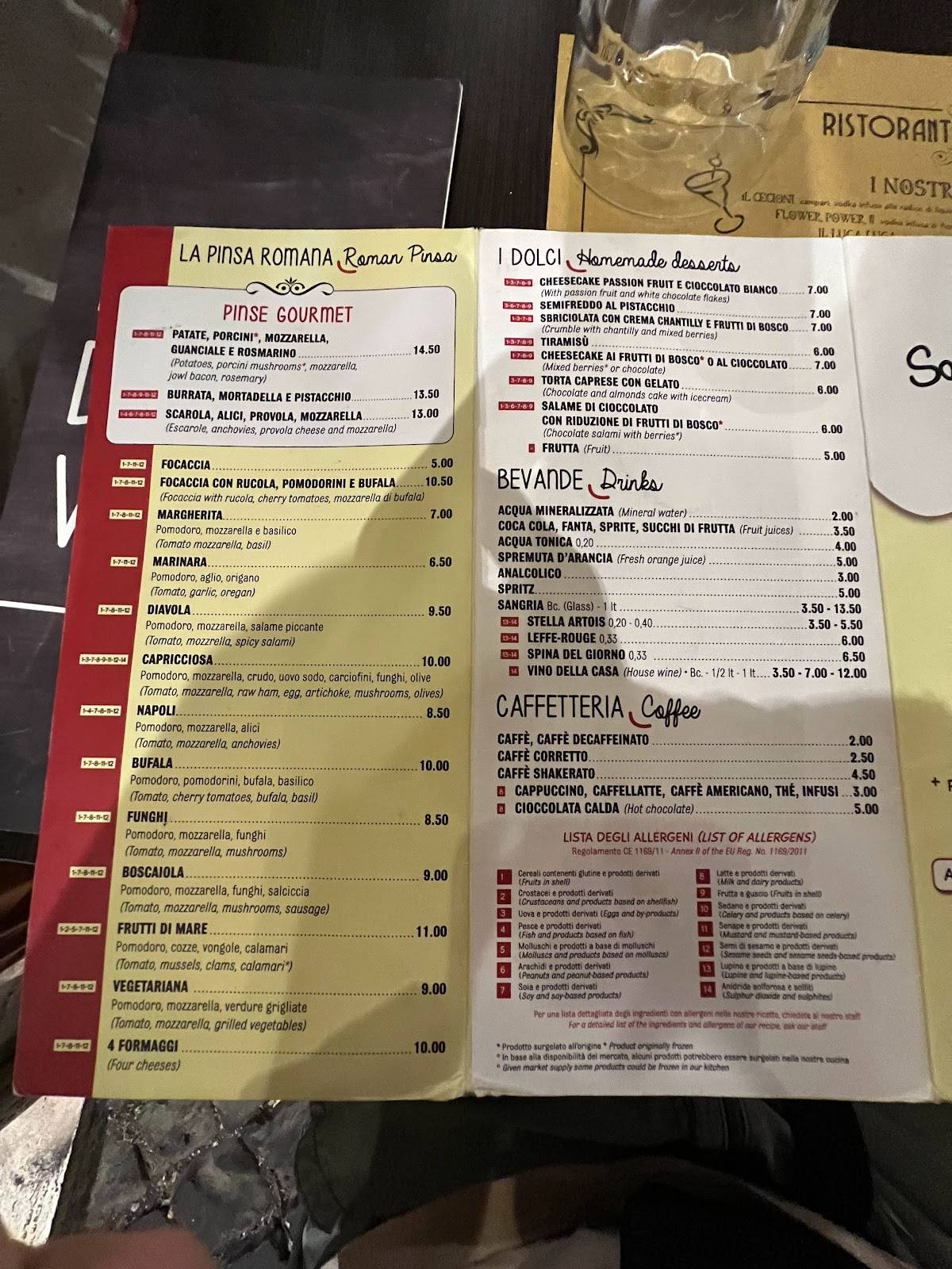 Menu at Saltimbocca San Lorenzo restaurant, Rome