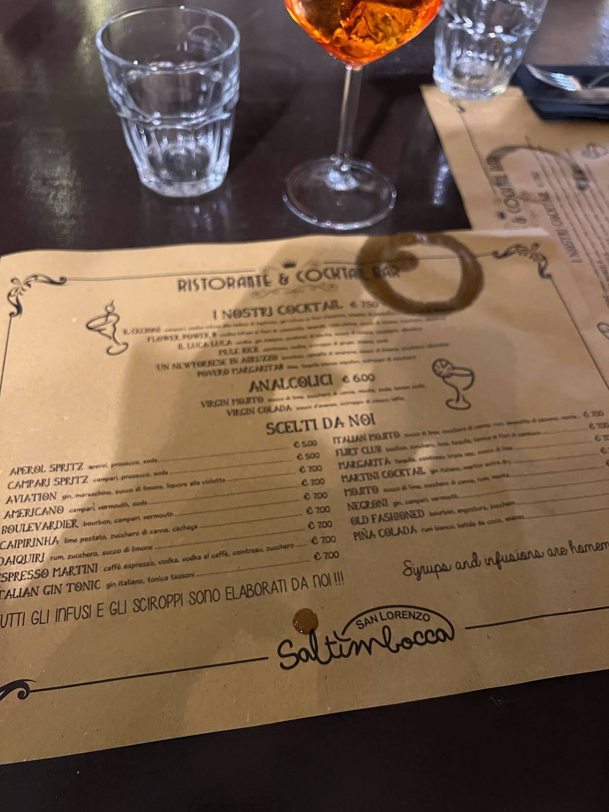 Menu at Saltimbocca San Lorenzo restaurant, Rome