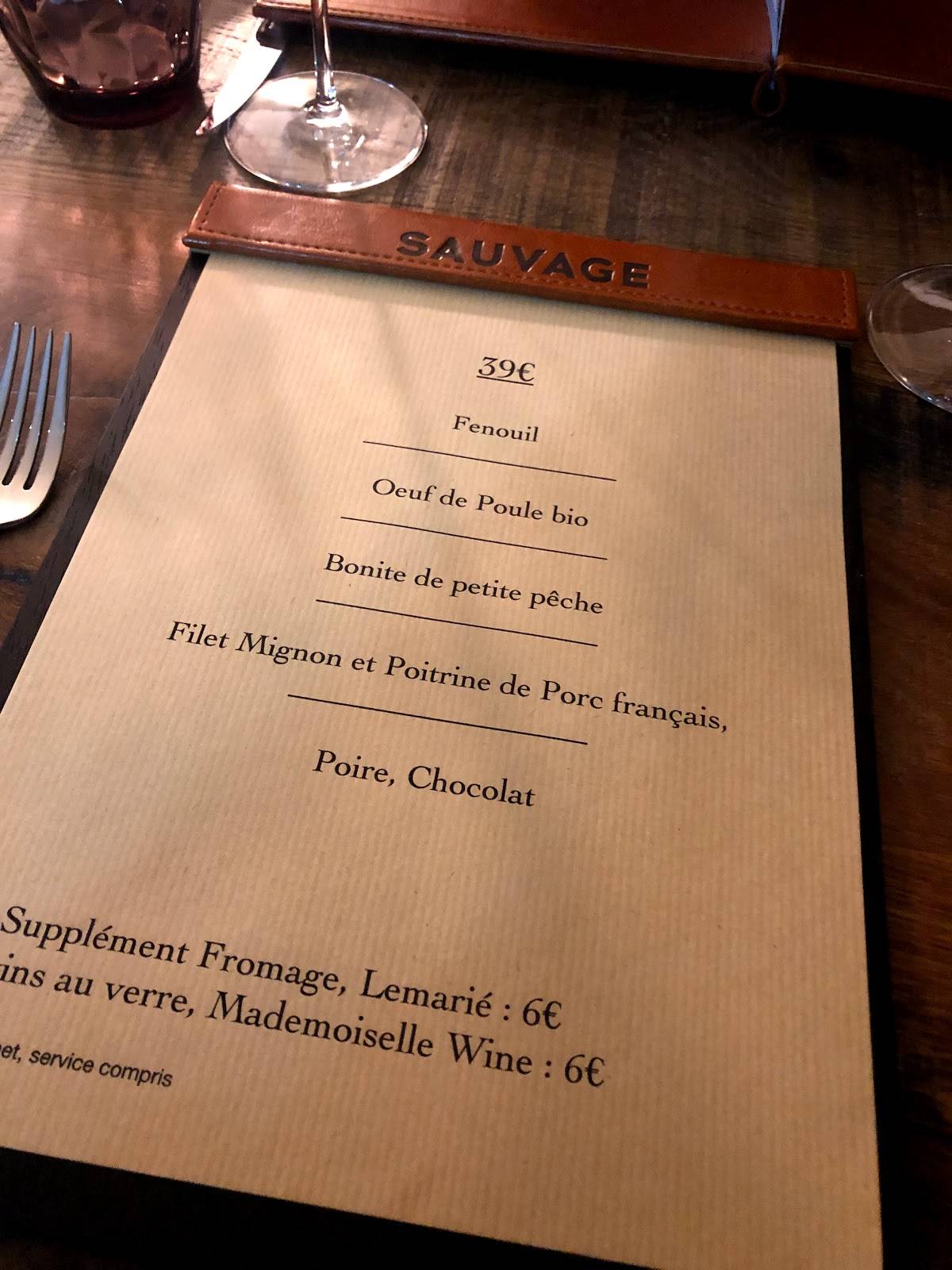 Menu au Sauvage - Salle à manger restaurant, Aix-en-Provence