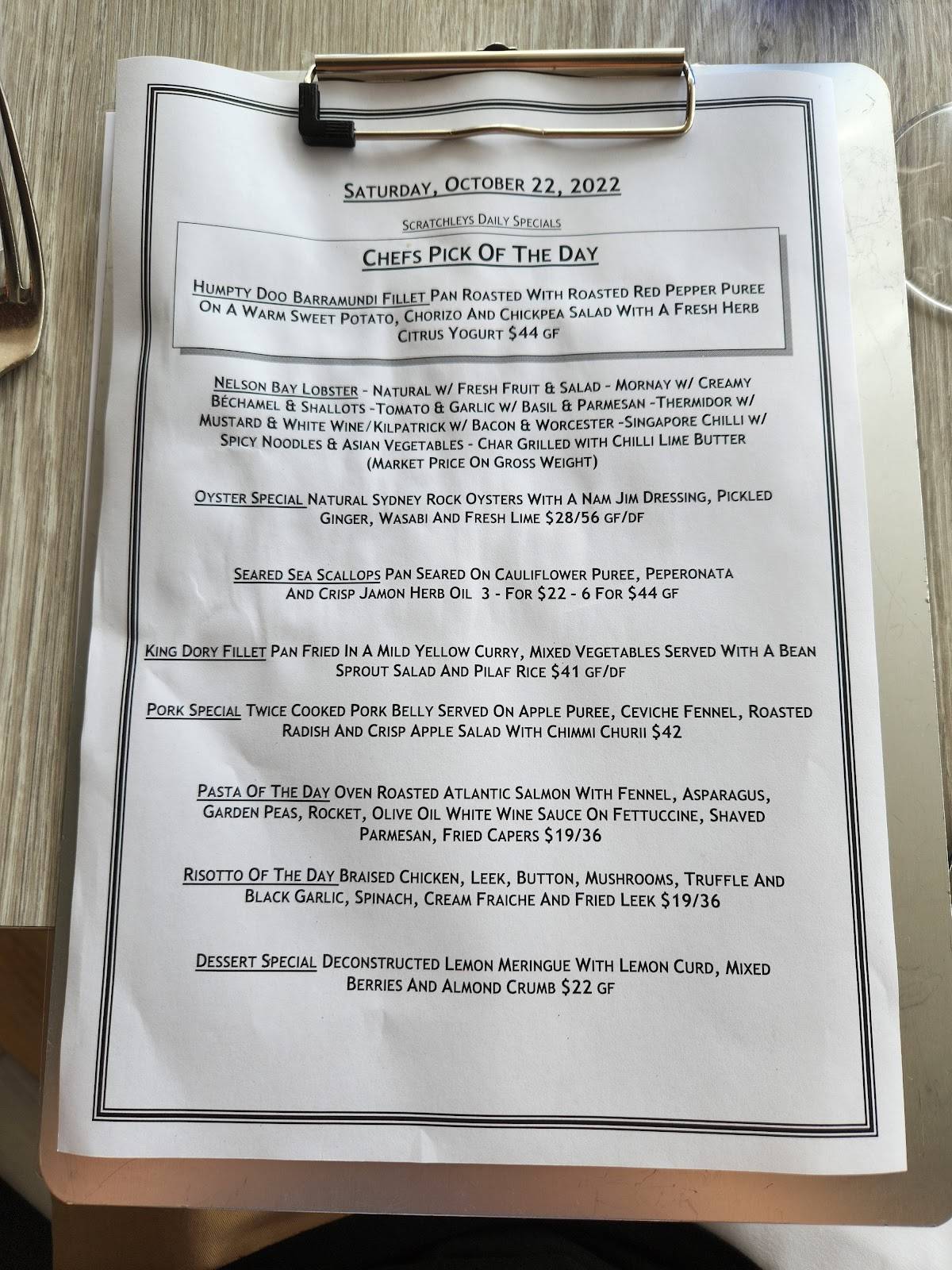 Menu at Scratchleys on the Wharf restaurant, Newcastle, 200 Wharf Rd