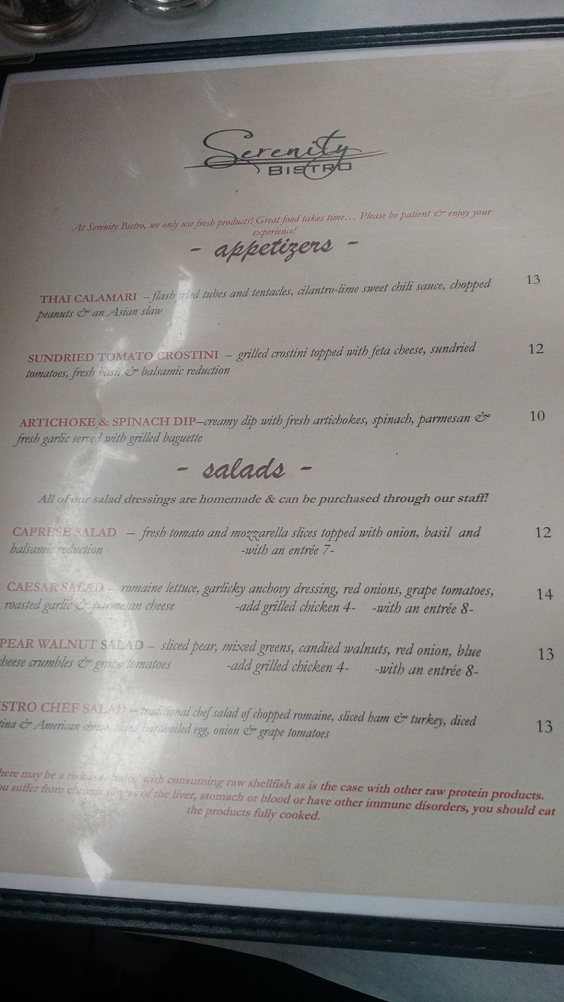 Menu at Serenity Bistro restaurant, West Yellowstone